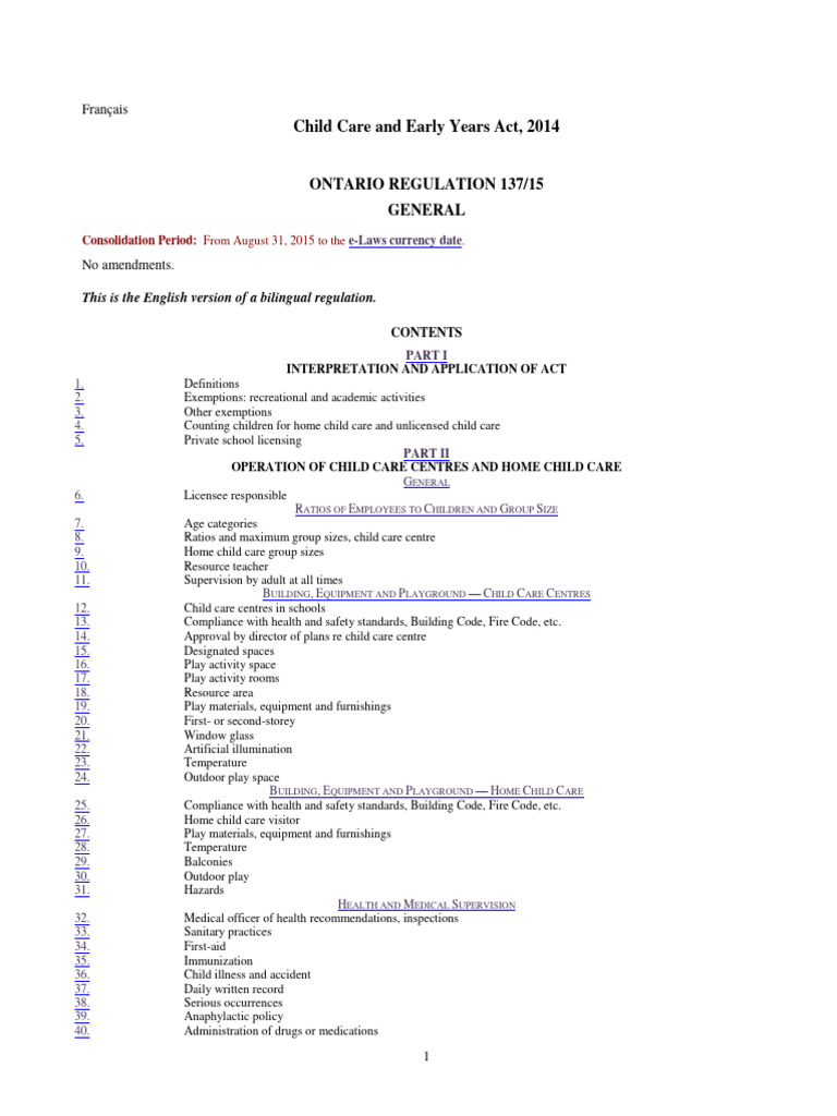 Ontario Regulation 137/15 Overview | PDF | Child Care | Fire Safety