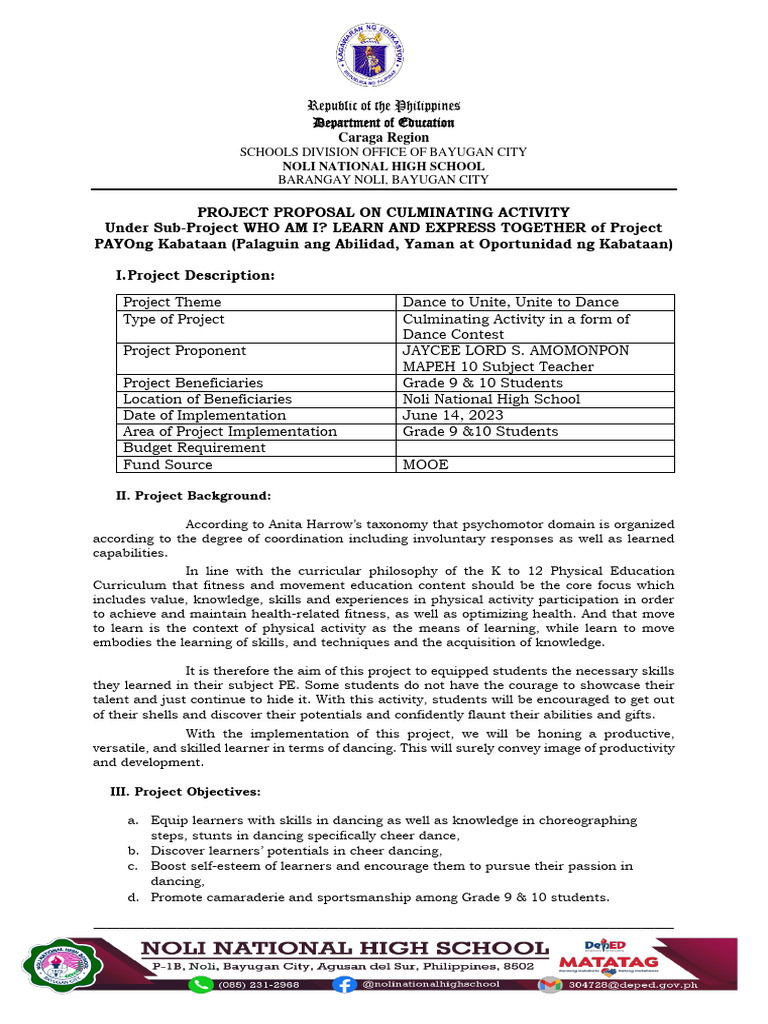 Activity Proposal - MAPEH CULMINATION 2022-2023 | PDF | Curriculum ...