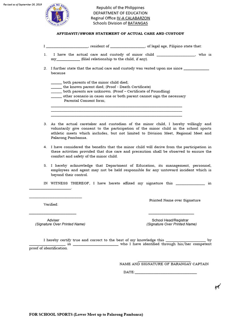 SWORN STATEMENT OF ACTUAL CARE AND CUSTODY Revised | PDF | Government ...