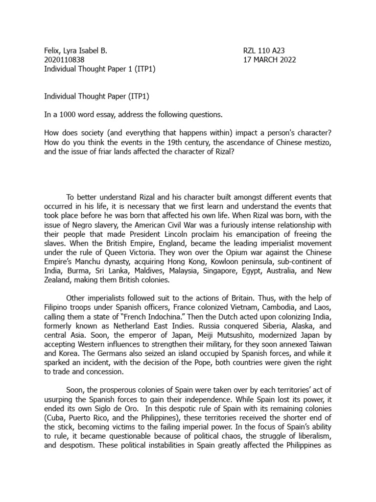 Individual Thought Paper 1 (ITP1) | PDF | British Empire | Philippines