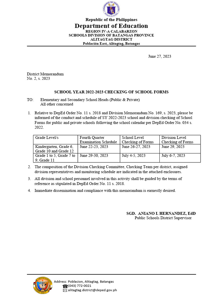 District Memo For Checking of Forms | PDF | Educational Organizations ...