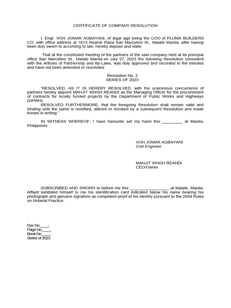 Certificate of Partnership Resolution | PDF