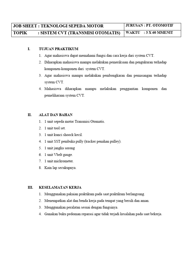Job Sheet: Teknologi Sepeda Motor Topik: Sistem CVT (Transmisi Otomatis) | PDF | Komputer ...