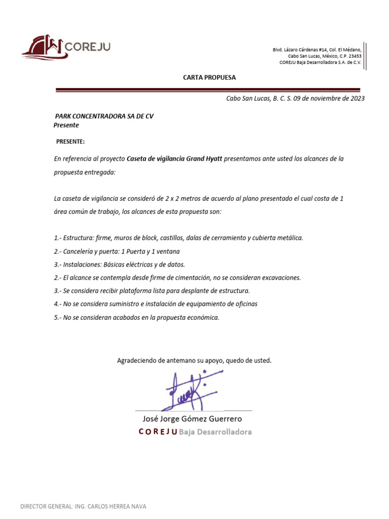 Carta de Alcances Caseta de Viigilancia Grand Hyatt | PDF