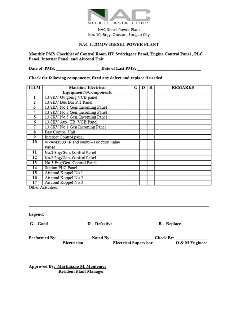 Control Room Monthly PMS Checklist | PDF | Computers