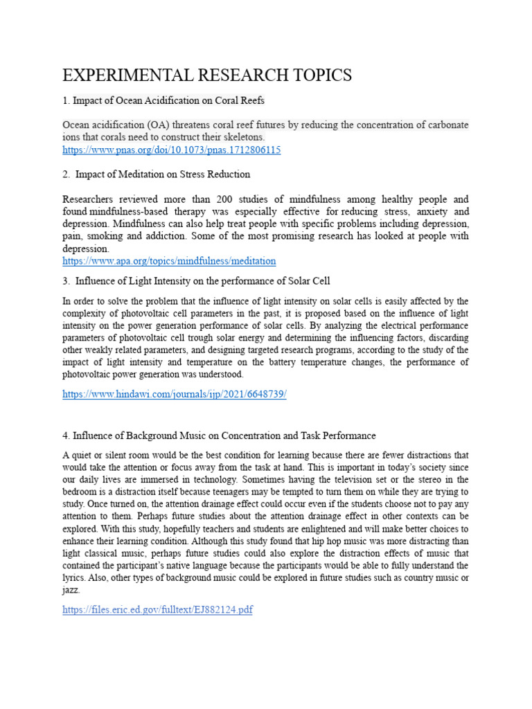 Experimental Research Topics | PDF | Mindfulness | Photovoltaics