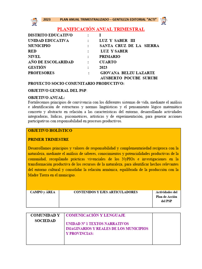 4to de Primaria Plan Anual Trimestral 2023 | PDF | Número natural | Bolivia