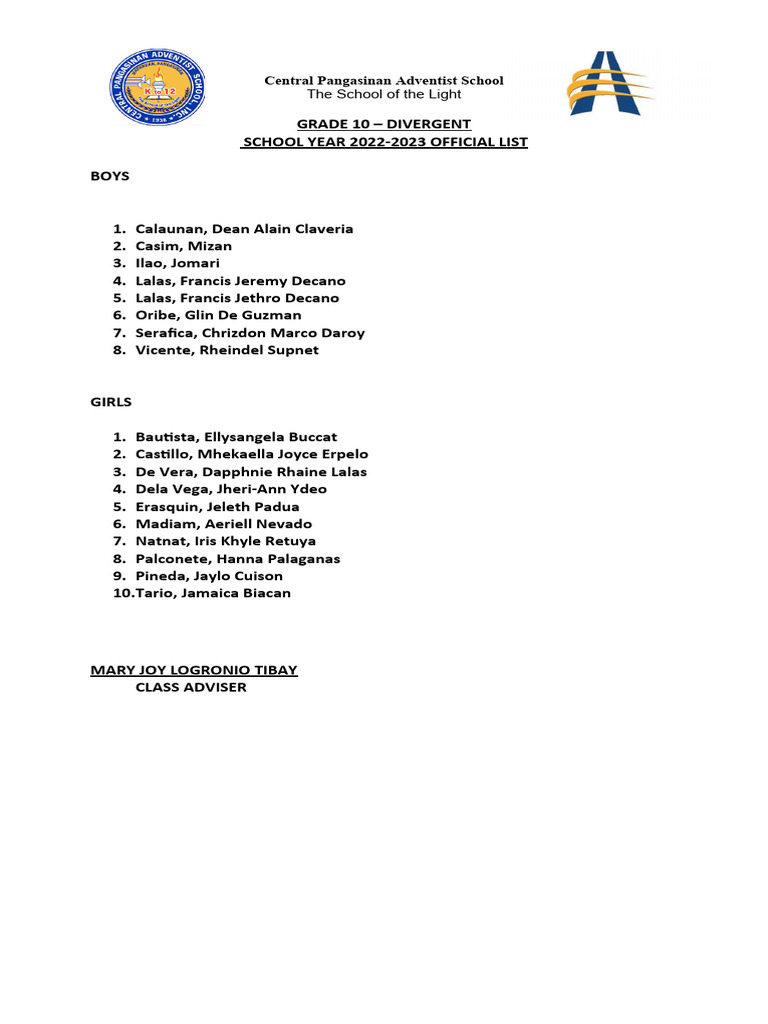 Grade 10 Divergent Class Roster 2022-2023 | PDF