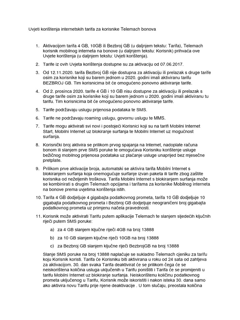 Uvjeti Koristenja Internetskih Tarifa Za Korisnike Telemach Bonova | PDF