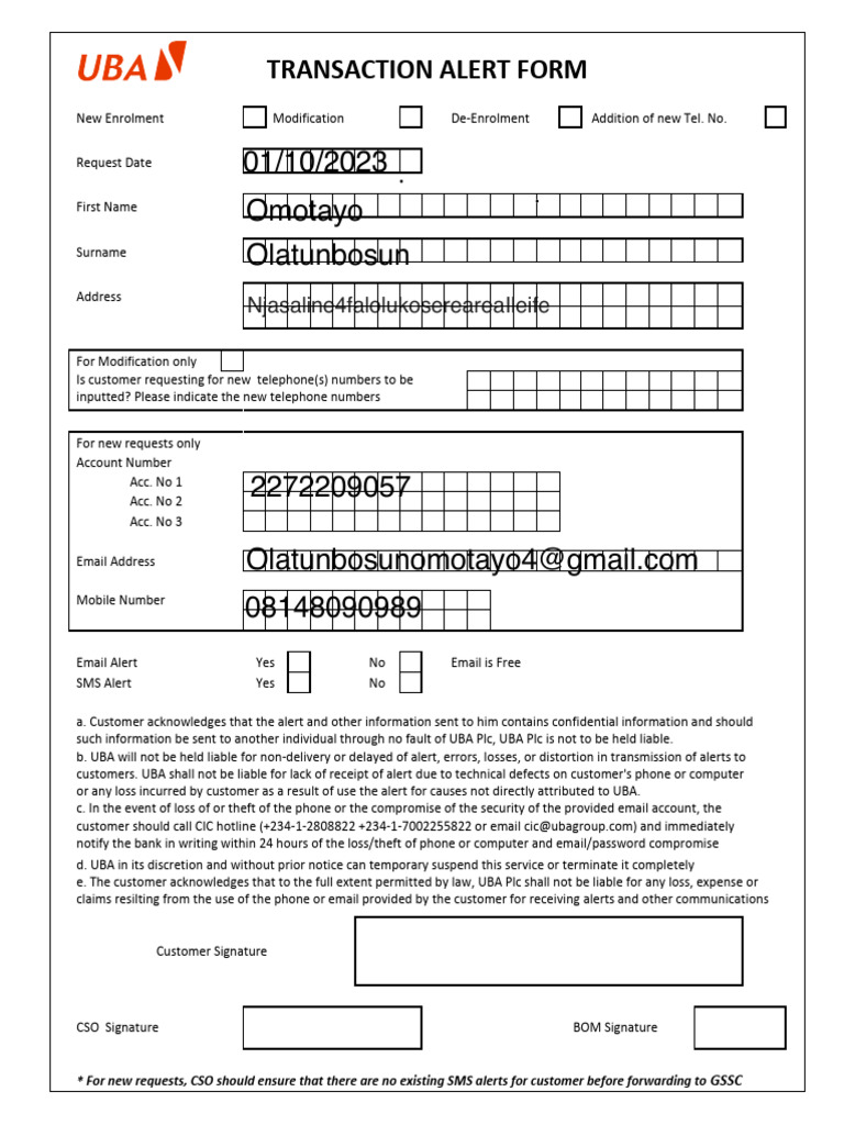 Transaction Alert Service Form | PDF