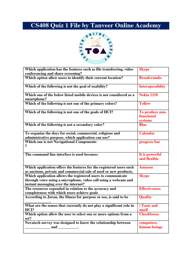 CS408 Quiz 1 Overview | PDF | Usability | Human–Computer Interaction