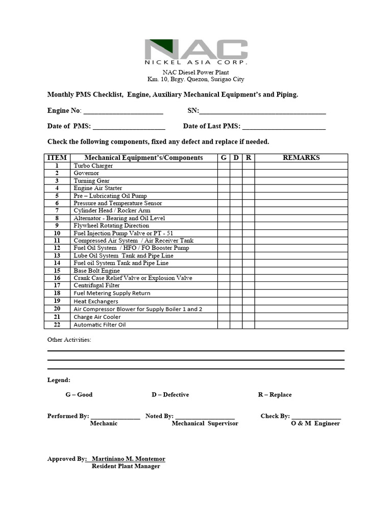 Hyundai Engine Monthly PMS Checklist | PDF