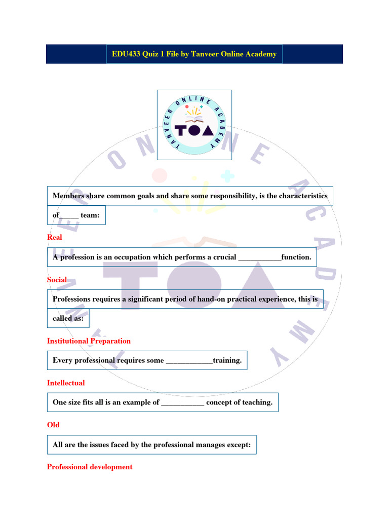 EDU433 Quiz Insights and Key Concepts | PDF | Teachers | Profession