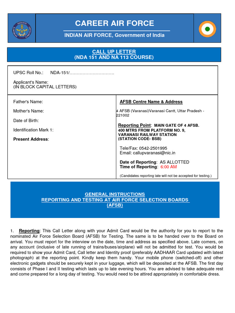 Call Up Letter 4 Afsb Varanasi For Nda 151 Course | PDF | Identity ...