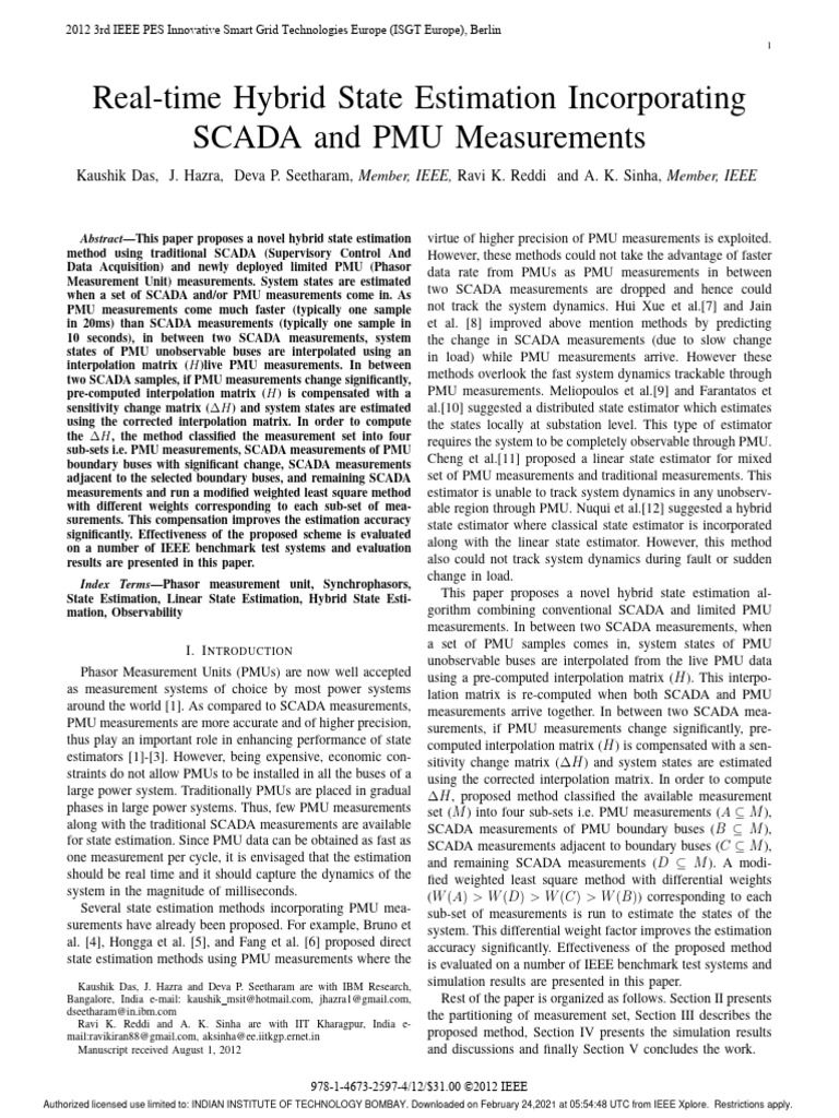 Real Time Hybrid State Estimation Incorporating Scada And Pmu Measurements Pdf Mathematics