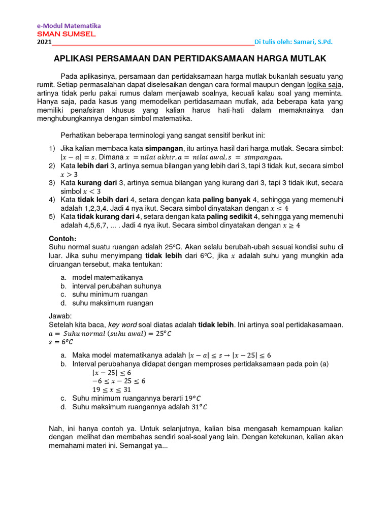 Aplikasi Persamaan Harga Mutlak Matematika | PDF