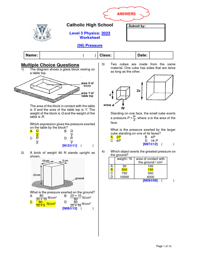 Pressure - WORKSHEET - With ANSWERS - 2023 | PDF | Pressure | Pressure ...