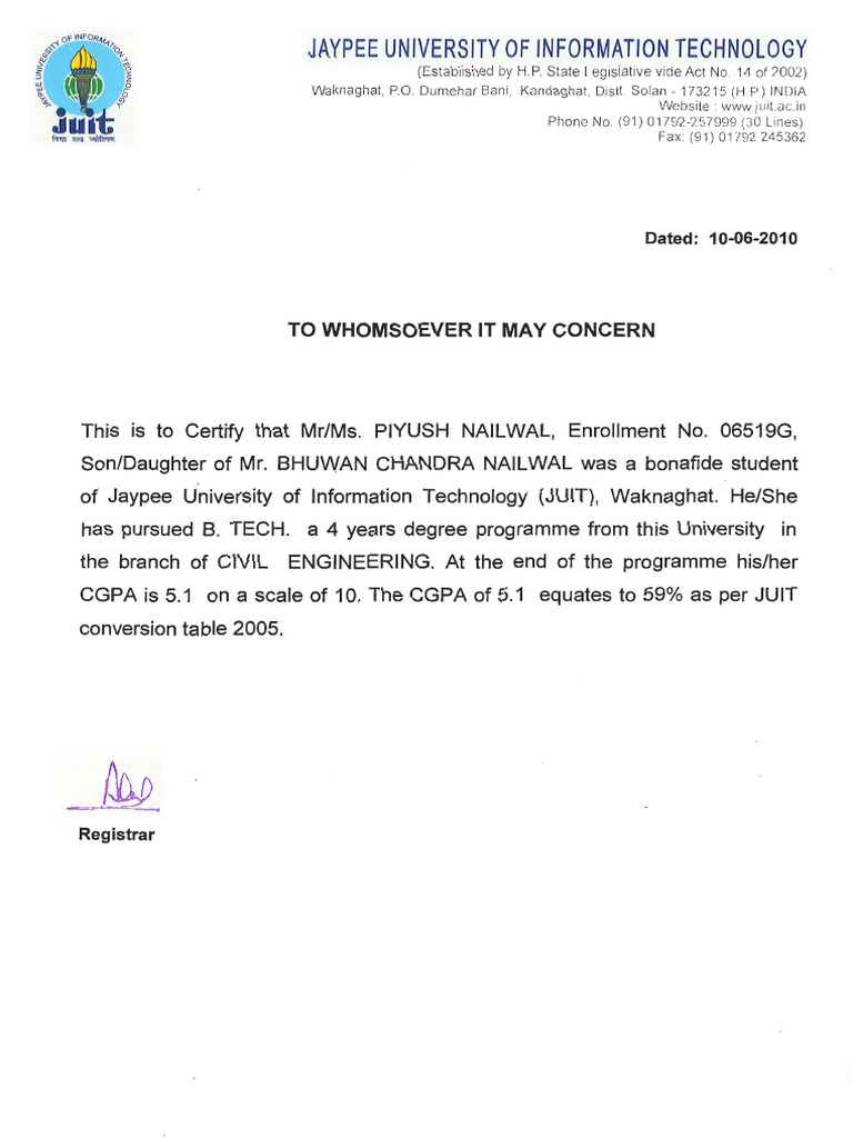 CGPA Conversion Certificate | PDF