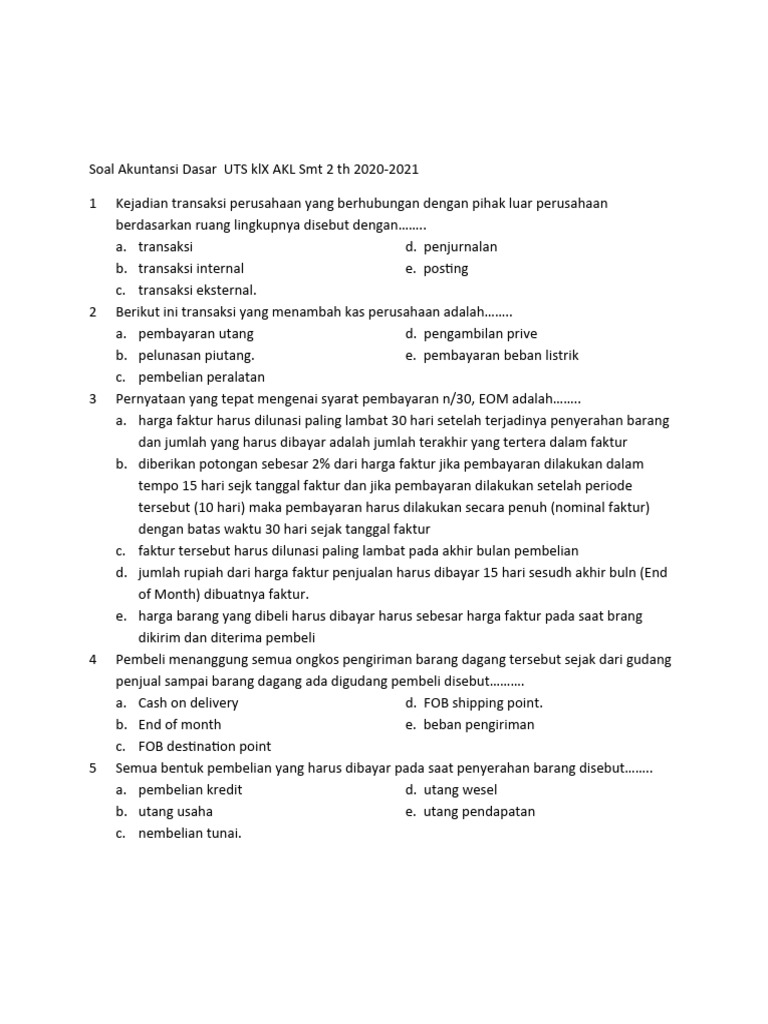Soal Akuntansi Dasar UTS KLX AKL SMT 2 TH 2020-2021 | PDF | Bisnis | Pengelolaan Keuangan & Uang