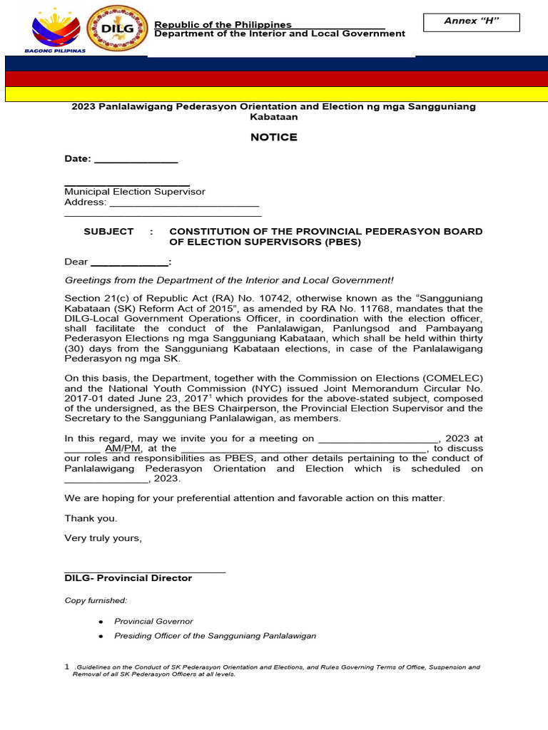 2023 - ANNEX H - Notification Letter Re Constitution of Provincial ...