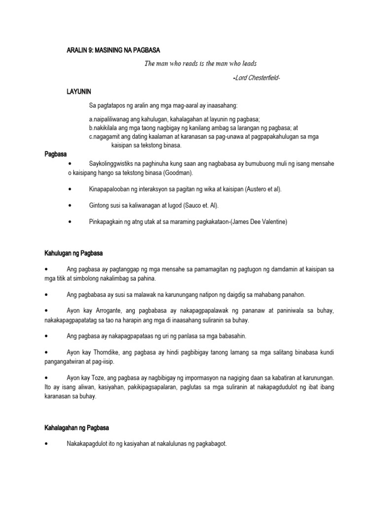 Aralin 9 Pagbasa | PDF