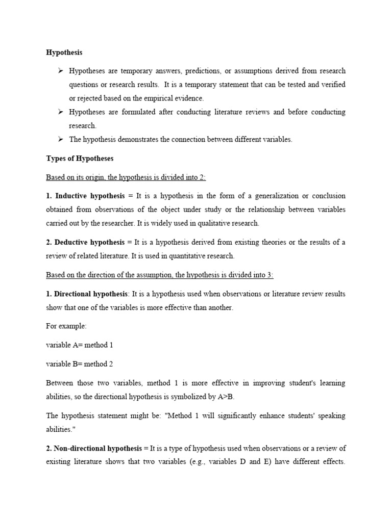 Hypothesis Summary | PDF | Hypothesis | Null Hypothesis