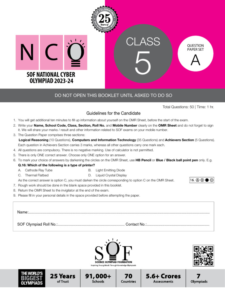 SOF National Cyber Olympiad Class 5 Exam Guide | PDF