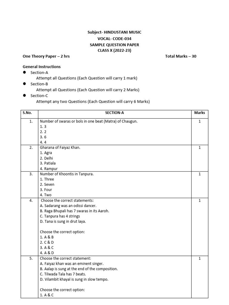 CBSE Class 10 Hindustani Music (Vocal) Sample Question Paper 2022-23 ...