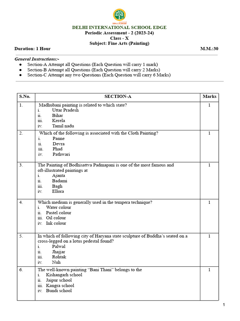 Class 10 Fine Arts Assessment Paper | PDF | Paintings