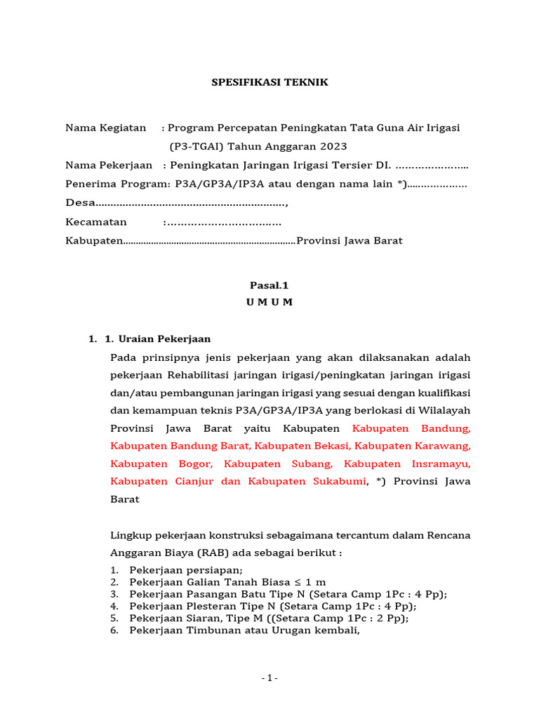 Spesifikasi Teknik P3-Tgai Tahap II Tahun 2023 | PDF