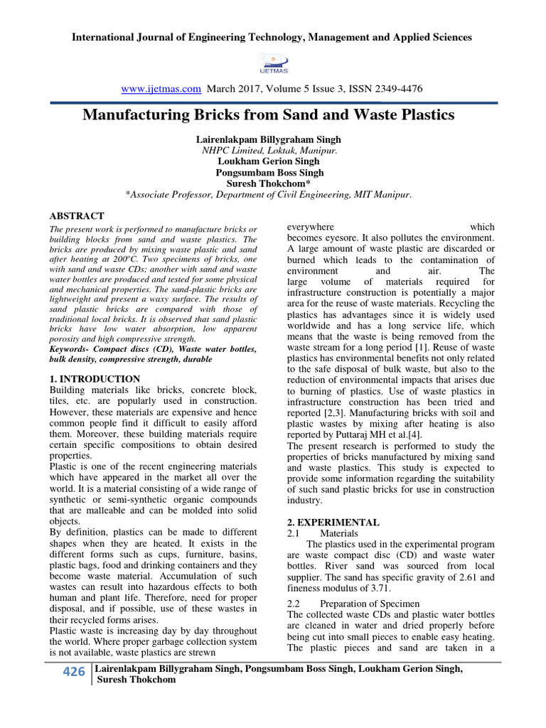 Manufacturing Bricks From Sand and Waste Plastics | PDF | Brick | Plastic