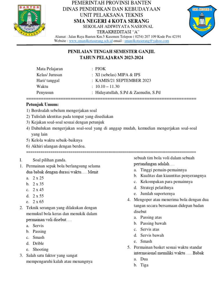 Soal Pts Ganjil Pjok Kelas Xi Mipa-Ips 2023-2024 | PDF