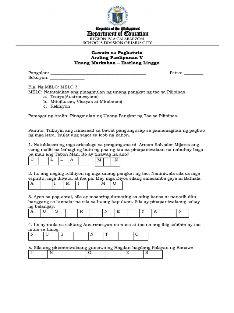 Gawain Sa Pagkatuto Araling Panlipunan V Unang Markahan - Ikatlong Linggo | PDF