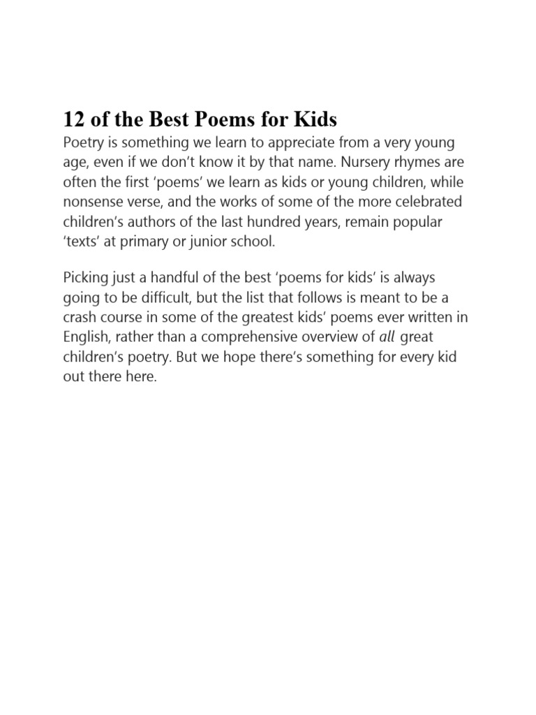 Best Kids' Poems: Top 12 Picks | PDF | Language Arts & Discipline | Poetry