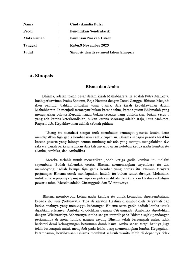 Sinopsis Dan Treatment Naskah Bisma Amba | PDF
