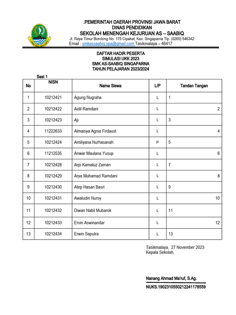 Daftar Hadir Ujikom 2023 TKJ | PDF