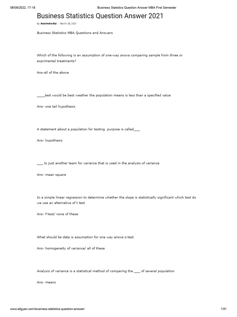 Business Statistics Question Answer MBA First Semester | PDF | Statistics | Errors And Residuals