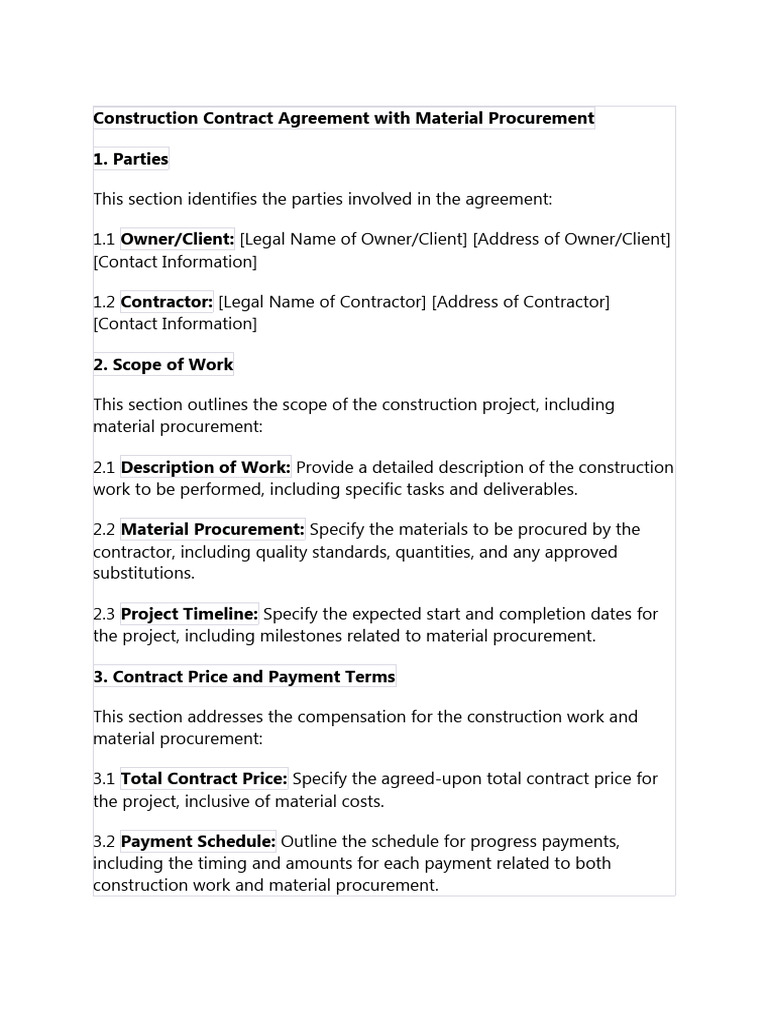 Construction Contract Agreement With Material Procurement | PDF ...