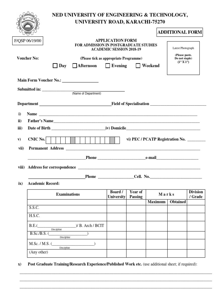 Additional Form ADMISSION FORM M. ENGG 2018-19 Fall | PDF ...
