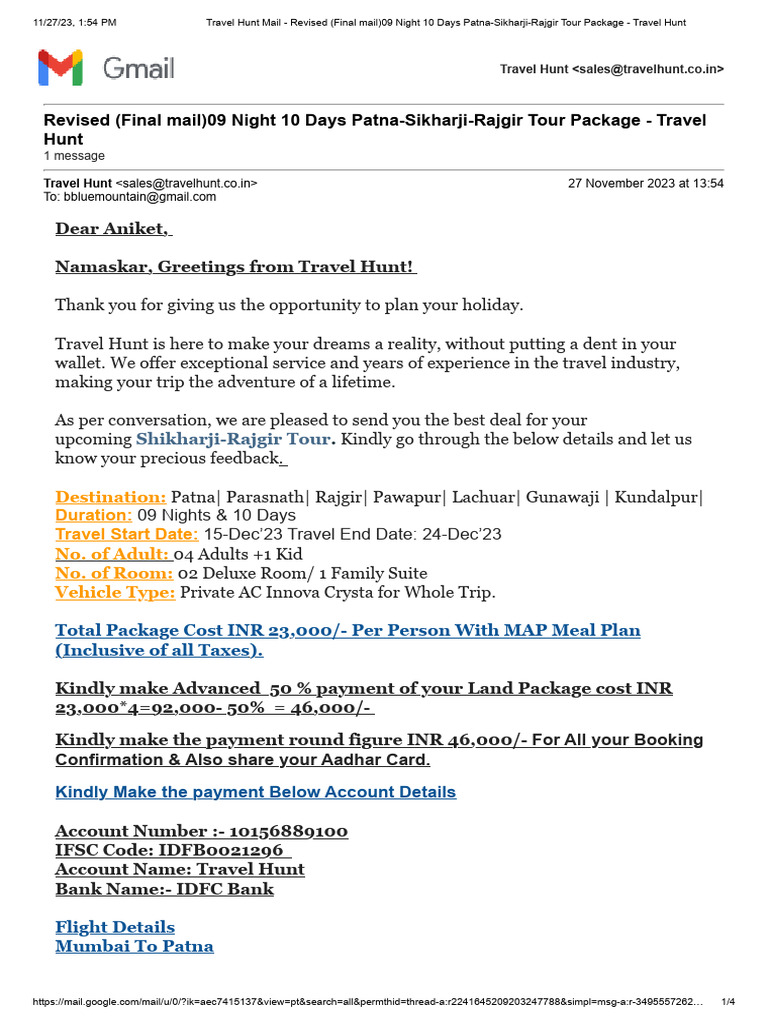 Travel Hunt Mail - Revised (Final Mail) 09 Night 10 Days Patna-Sikharji-Rajgir Tour Package ...