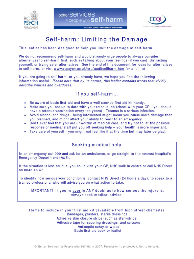 Self Harm Limiting The Damage Camhs | PDF | Bleeding | Burn