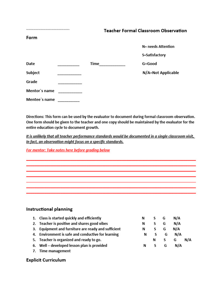 Observation Template | PDF | Teachers | Mentorship