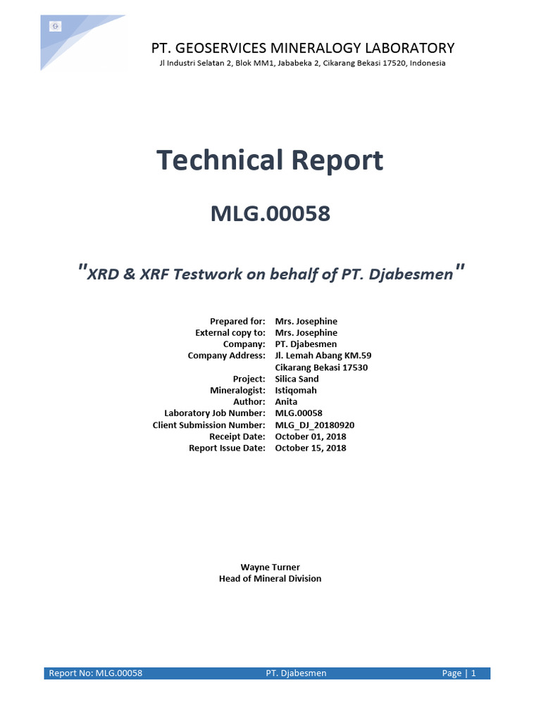 Uji XRD XRF Pasir Silika (Geoservice) | PDF | Chemistry | Mineralogy