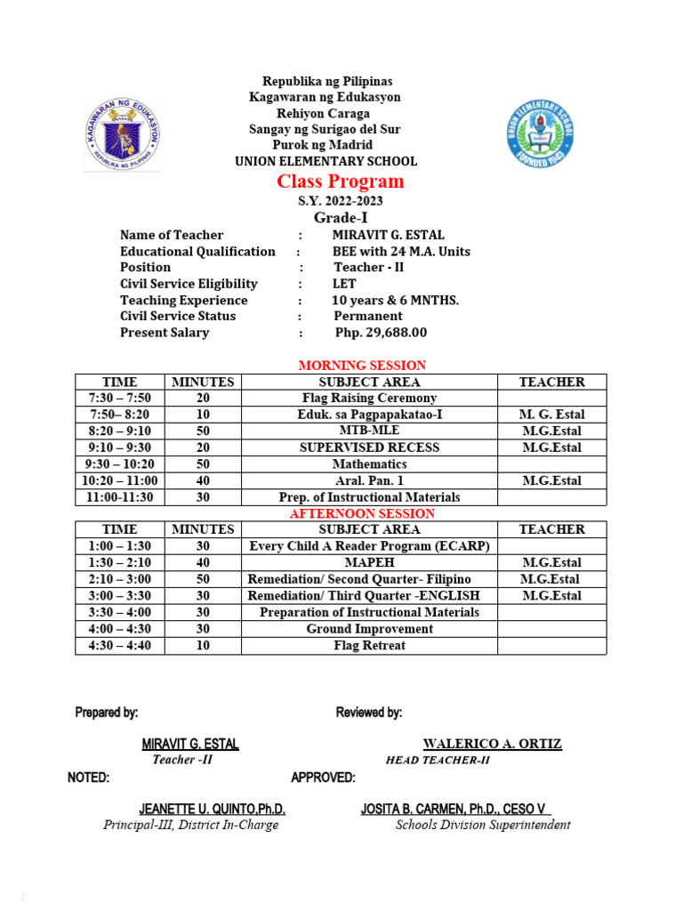 Grade 1 Class Program | PDF | Teachers | Behavior Modification