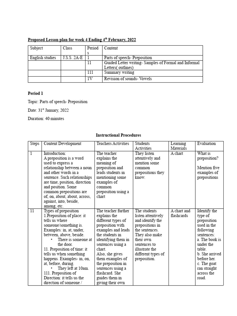 2ND Term Lesson Plan WK 4-6 | PDF | Preposition And Postposition ...