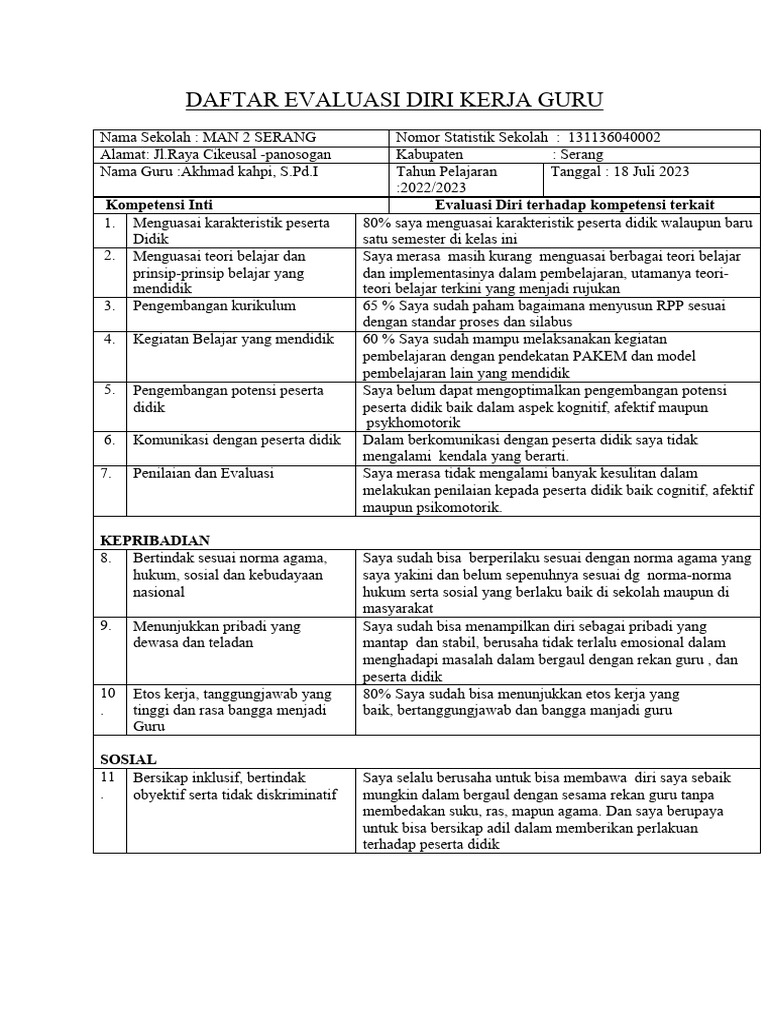 Daftar Evaluasi Diri Kerja Guru | PDF