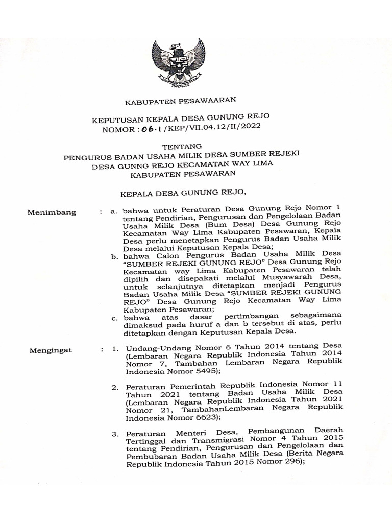 SK Pengurus Bumdes SBR Gunung Rejo | PDF