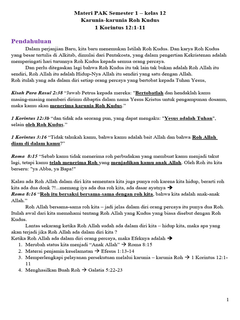 Materi 3 - Materi Semester 1 - Kelas 12 - Karunia-Karunia Roh Kudus | PDF