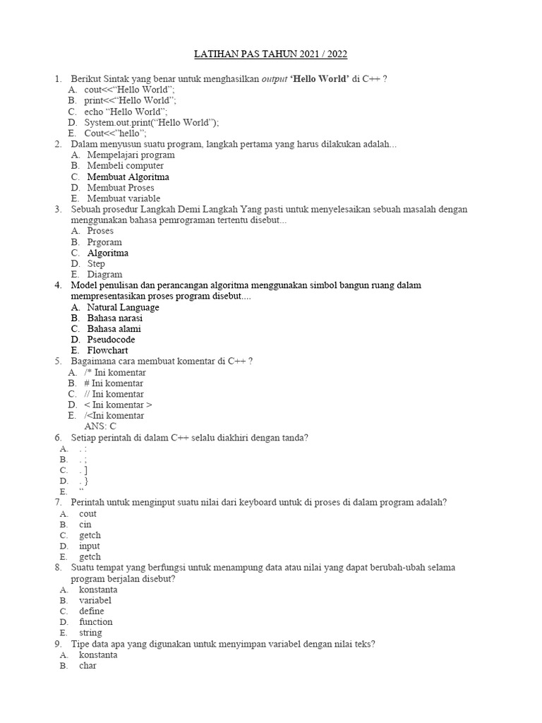 Latihan Pemrograman C++ Dasar 2021 | PDF