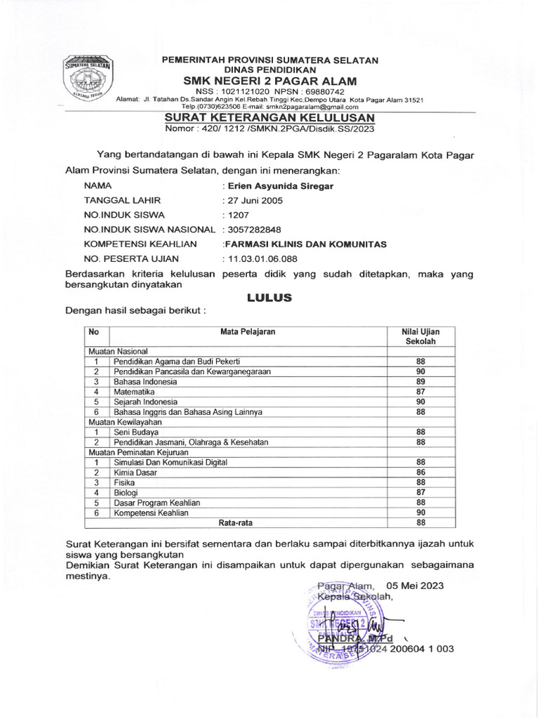 Surat Keterangan Lulus SMK 2023 | PDF